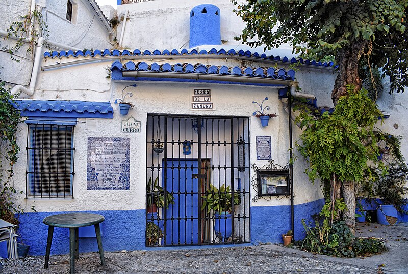 Cave dwellings carved into the Sacromonte hillside in Granada with white facades and cactus plants