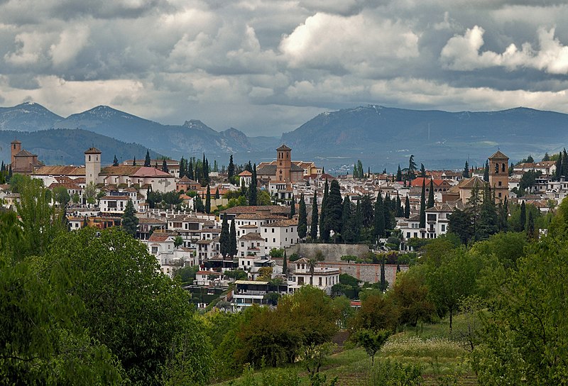 Panoramic view of the white Albaicin neighborhood from the Alhambra fortress in Granada