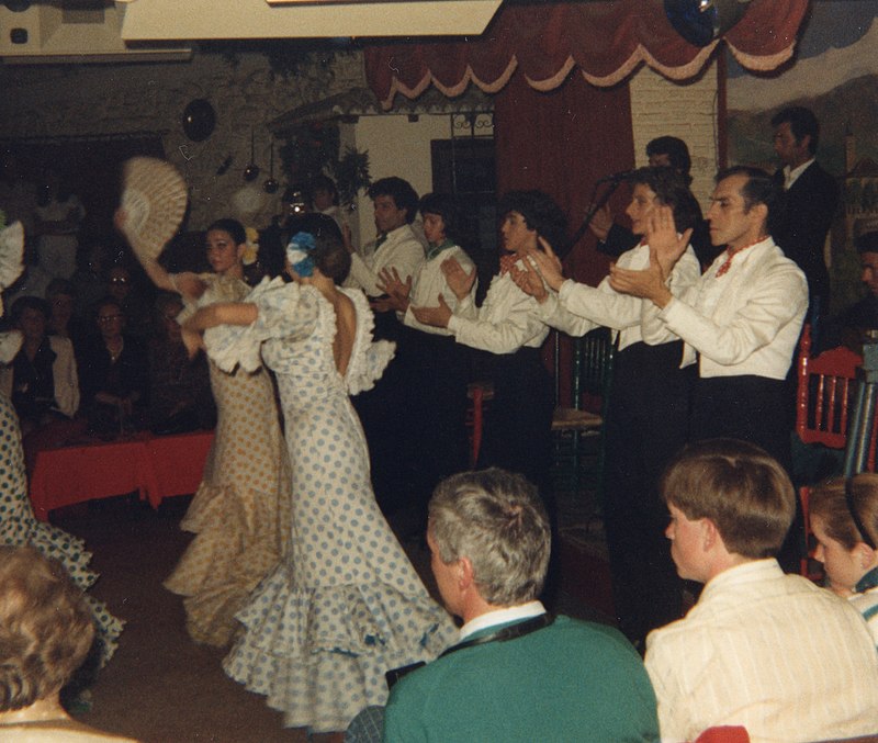 Black and white photo of a flamenco dancer mid-performance in Granada from 1987