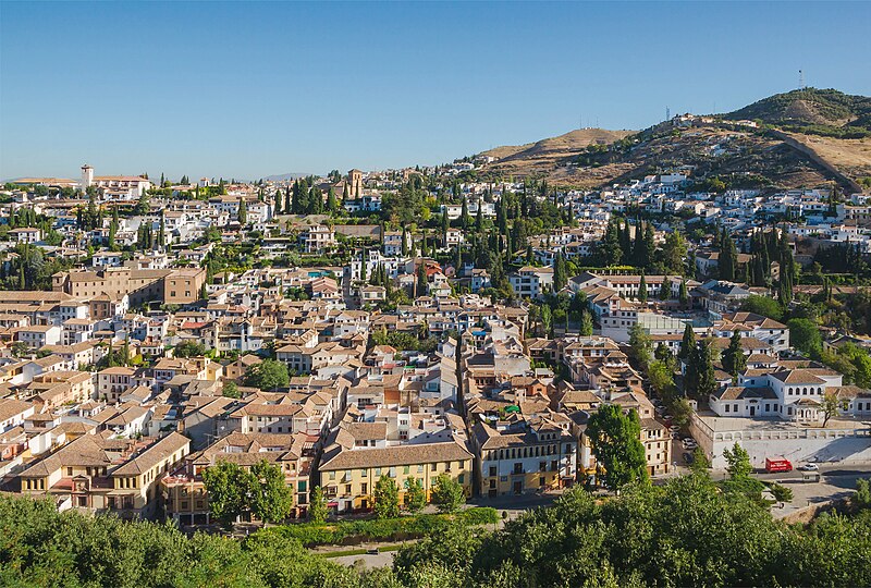 Sunset view of the Alhambra from the Mirador de San Nicolas viewpoint in Granada Albaicin