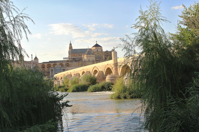 Historic Roman Bridge and Mezquita in Cordoba Spain surrounded by greenery and river reflections