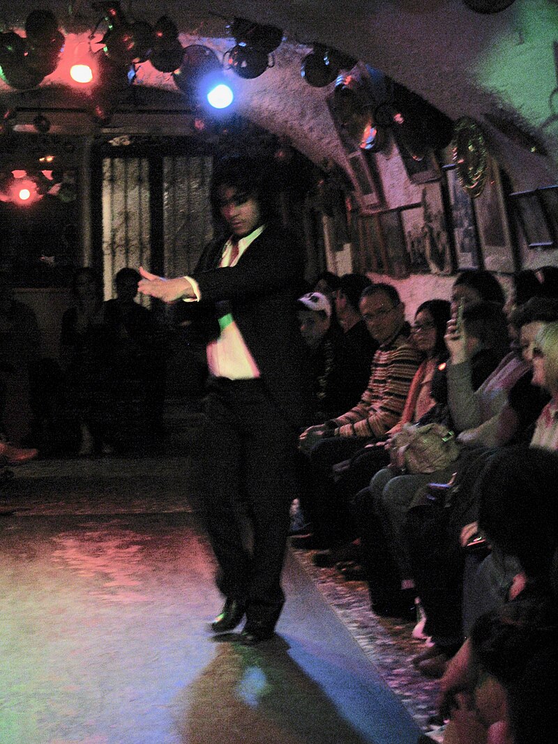 Flamenco singer mid-performance in a dimly lit venue in Granada