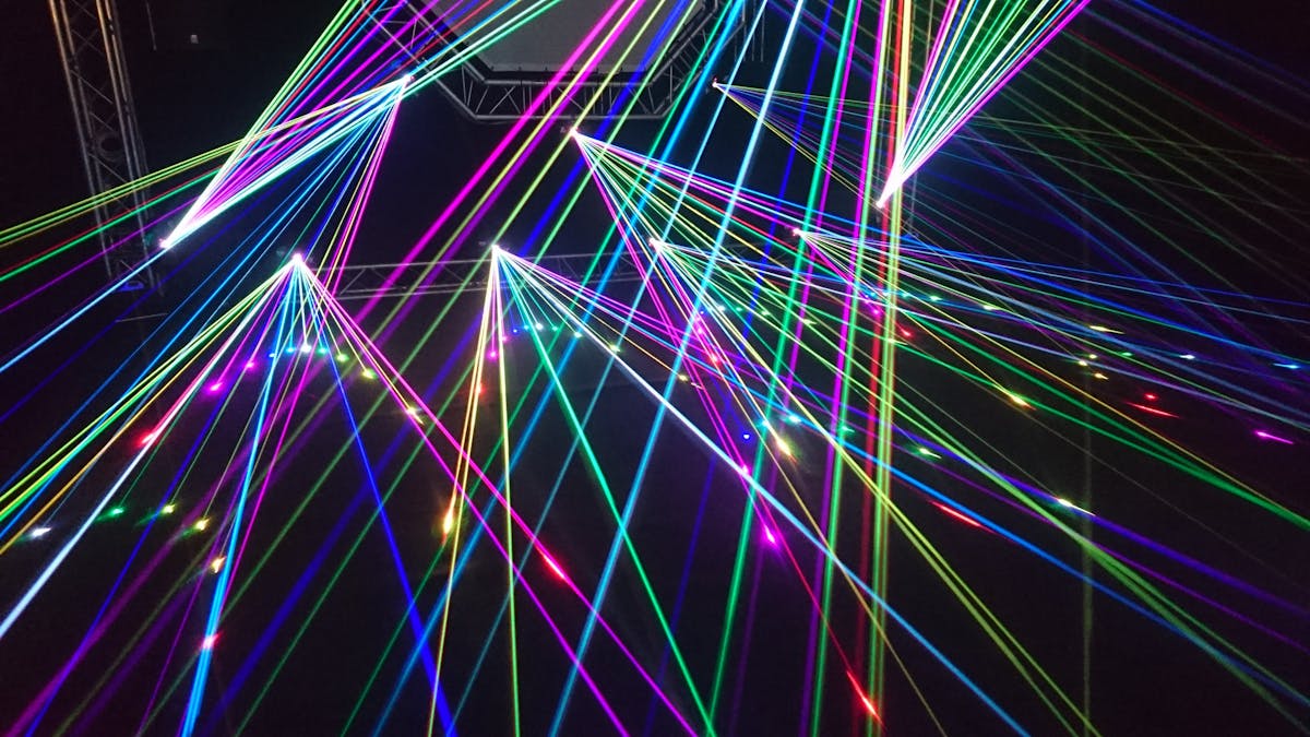 Dynamic multicolor laser beams creating an electrifying display at a nighttime laser show