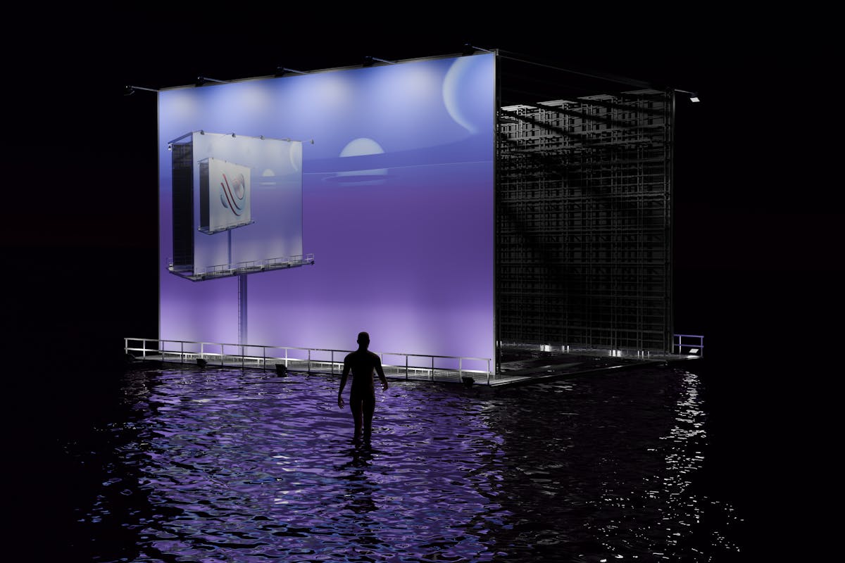 Modern digital artwork featuring a figure in silhouette by illuminated water at night