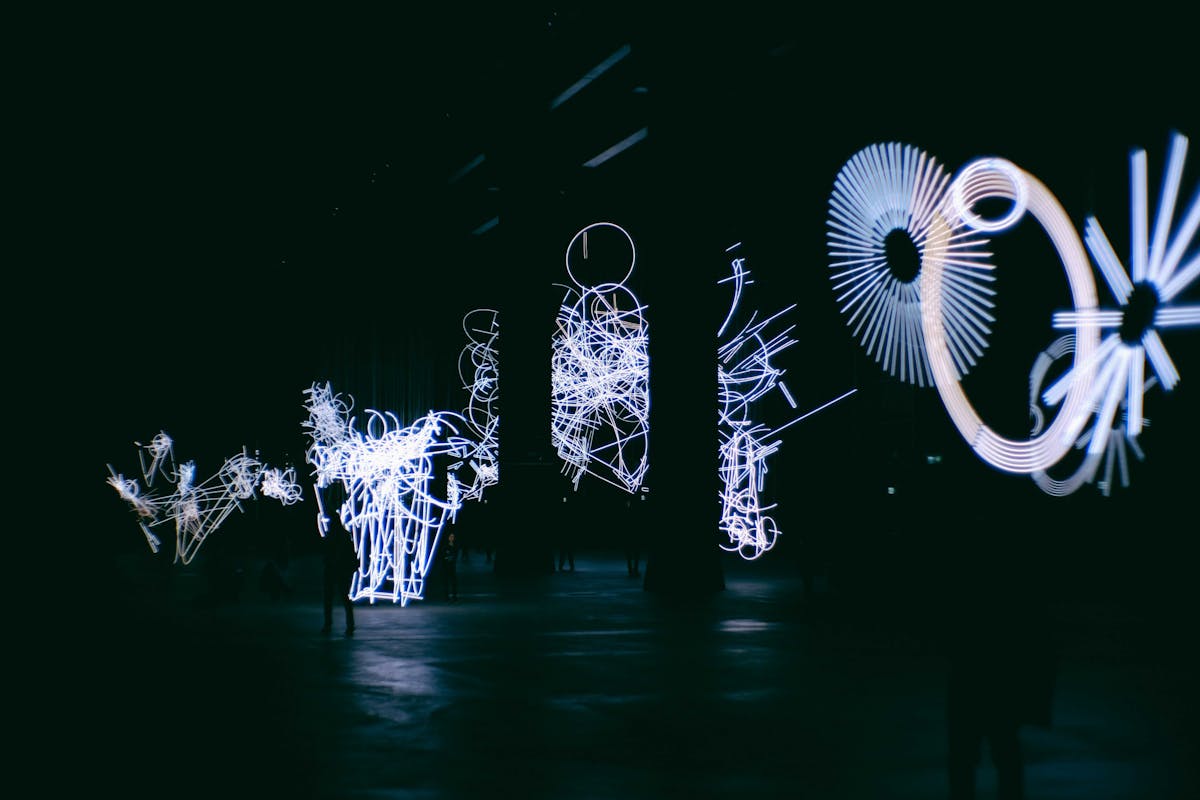 Artificial light figures representing circles and beams with tangled wires