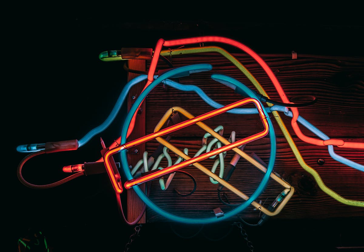 Colorful neon lights and patterns creating an abstract composition