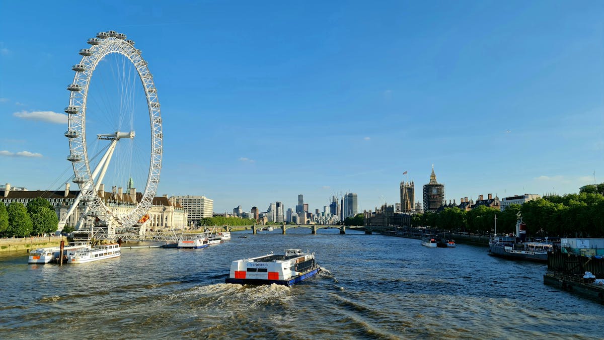 London Eye and River Thames on a sunny day with blue sky