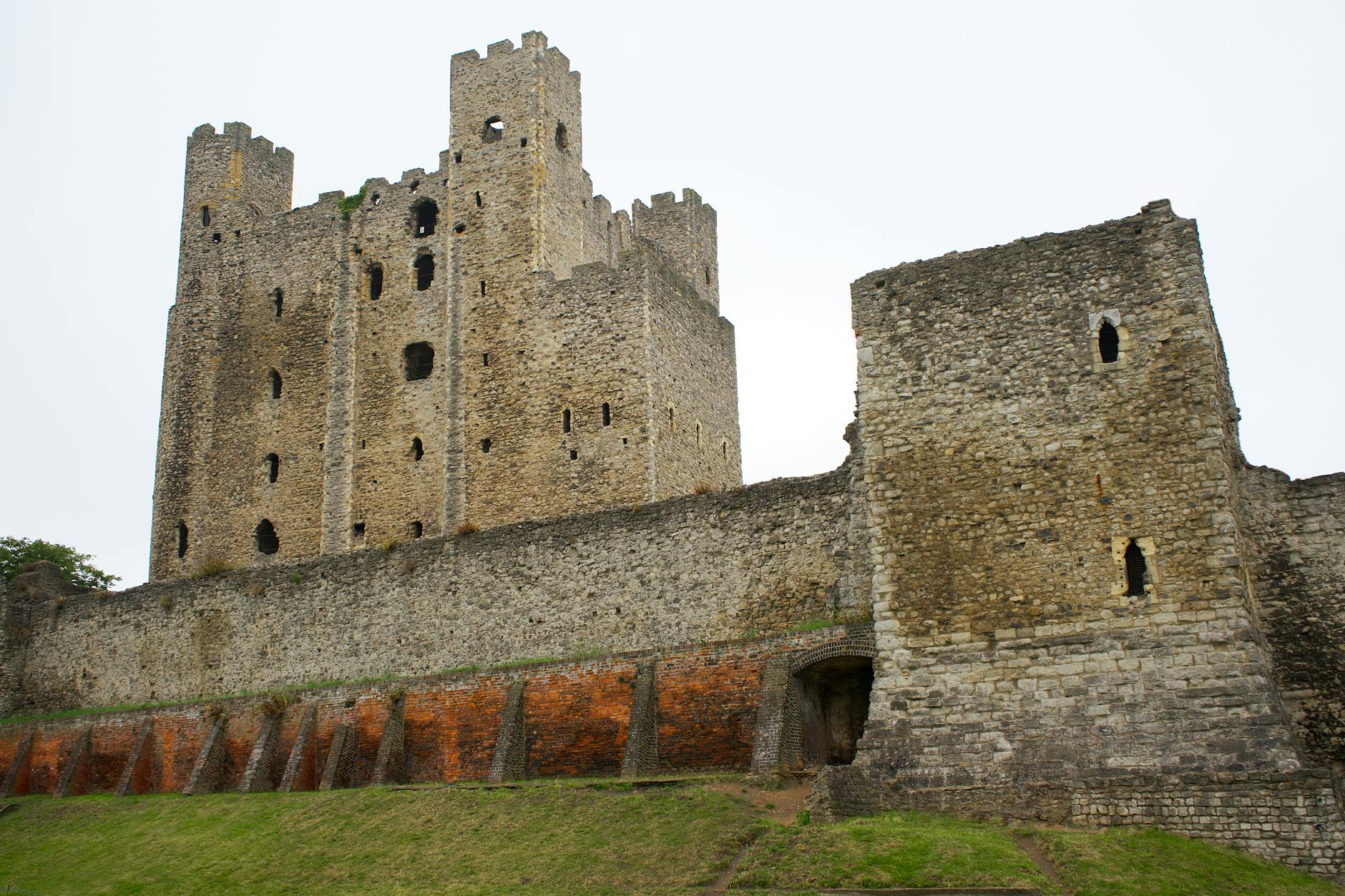 Medieval Rochester Castle with imposing stone walls in England