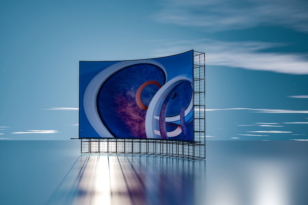 3D abstract digital display with curved shapes against water and sky backdrop