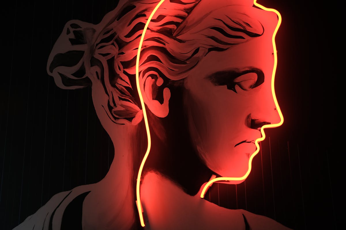 Classical art piece enhanced with vibrant orange neon lighting