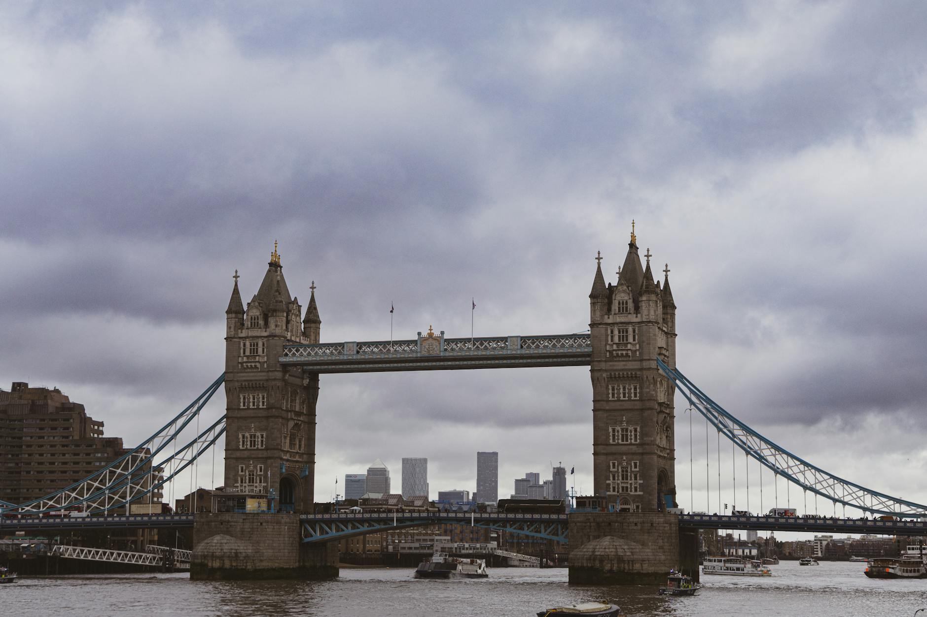 Tower Bridge on an overcast day with grey clouds over the Thames