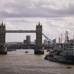 Tower Bridge seen from the south bank of the Thames with boats below