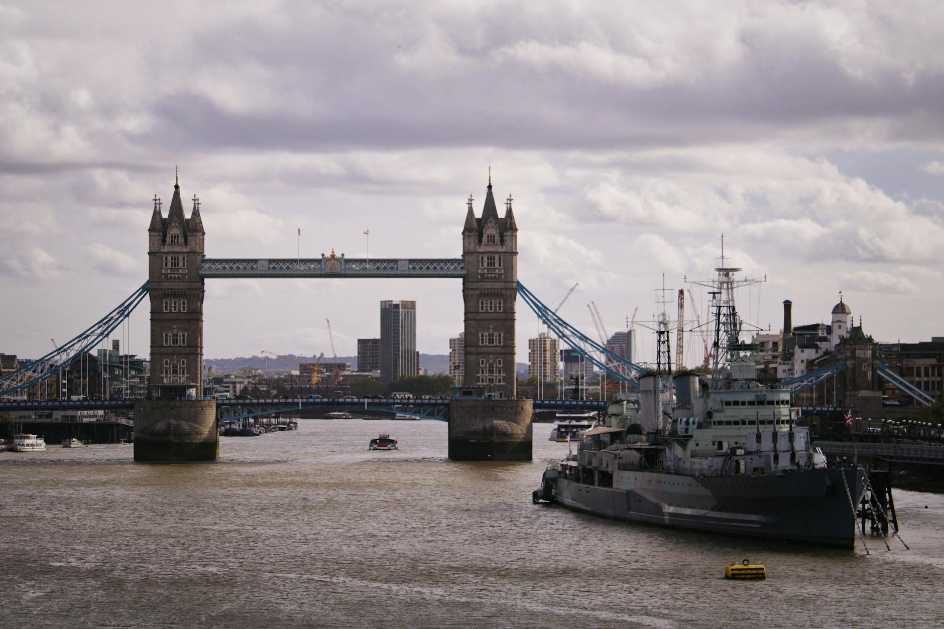Tower Bridge seen from the south bank of the Thames with boats below