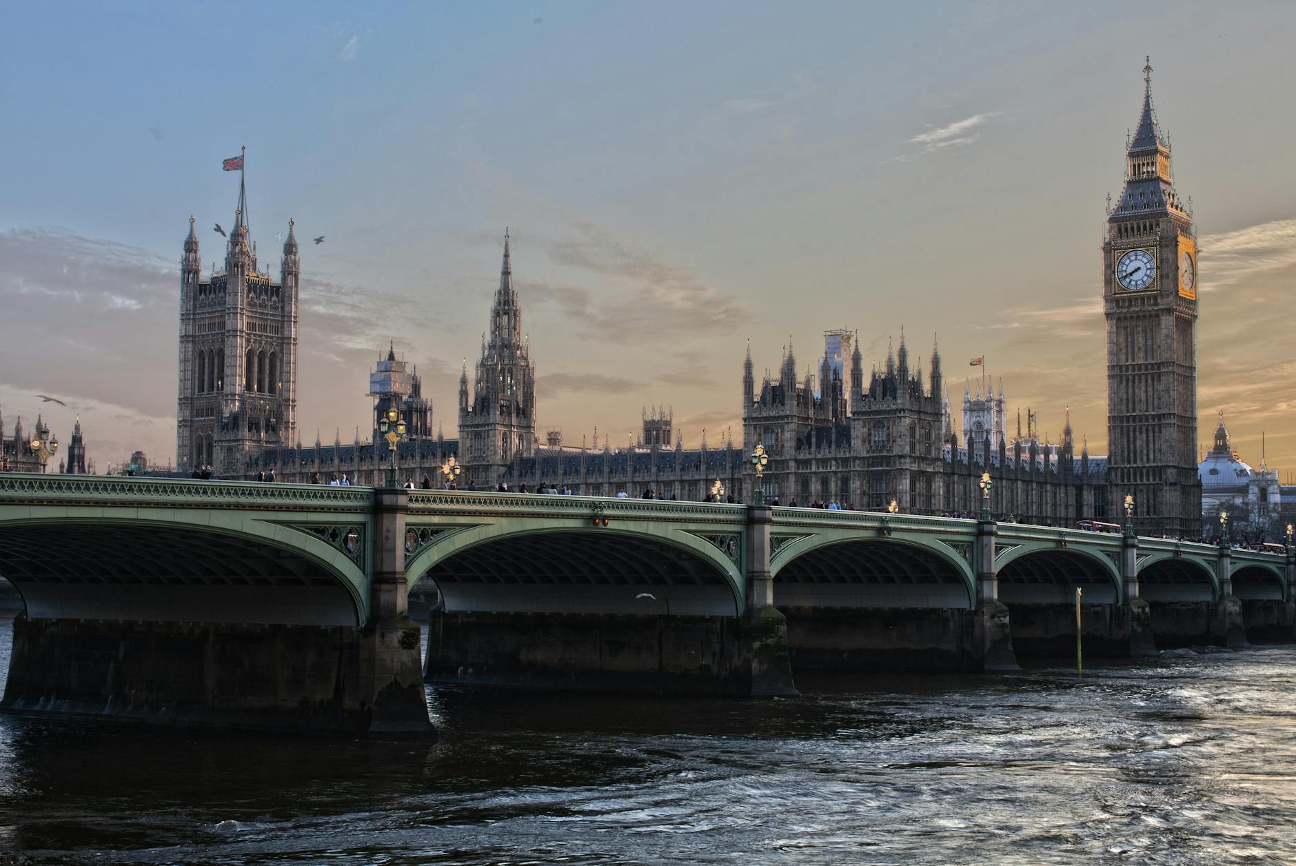 Big Ben and Westminster Bridge at sunset in London