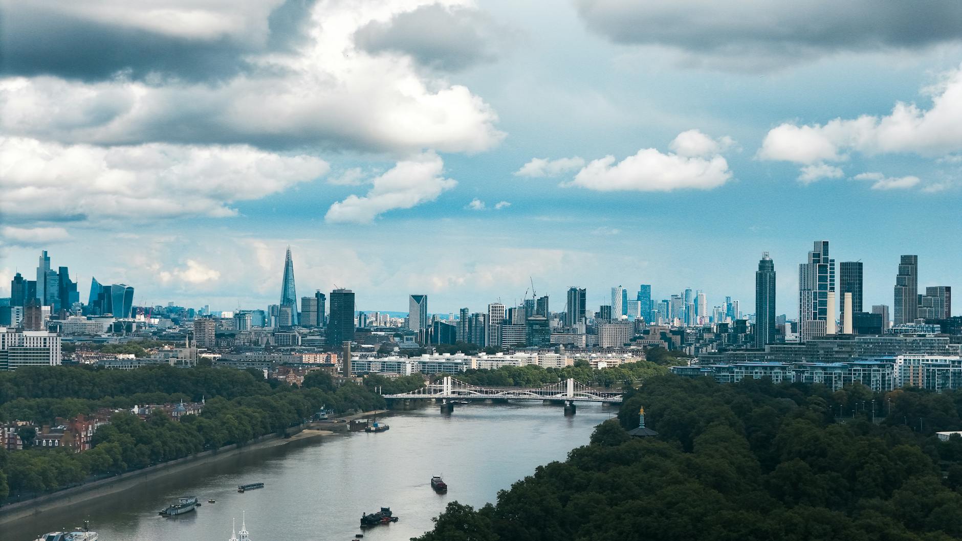 London skyline with River Thames and dramatic clouds