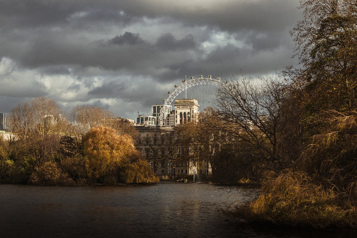 London Eye and cityscape under cloudy autumn sky