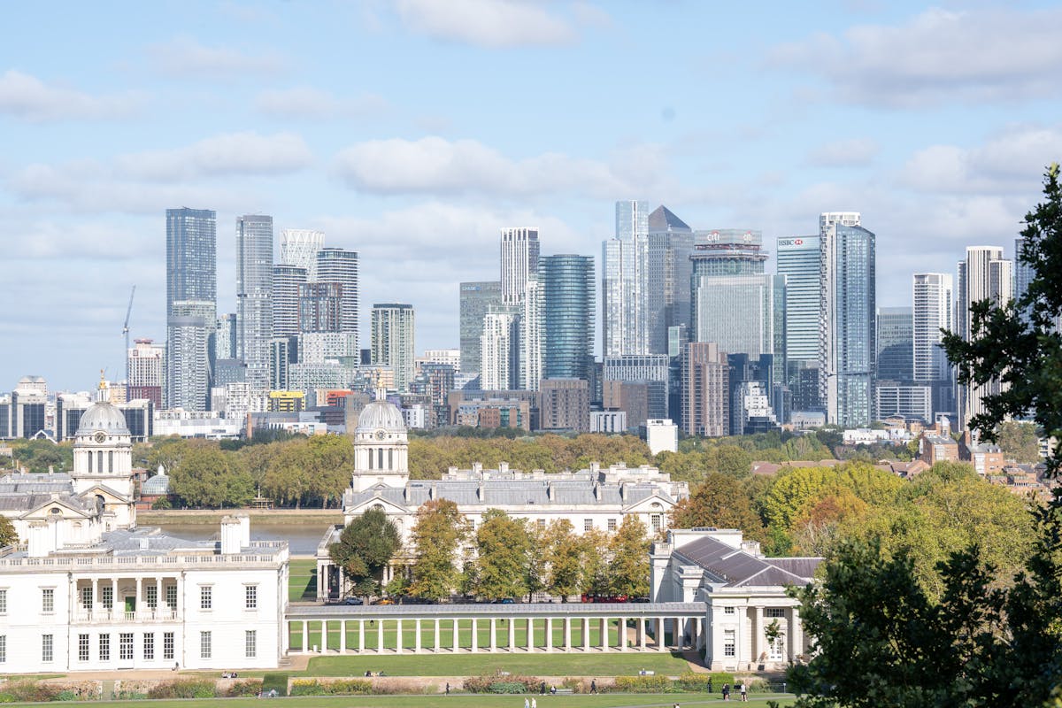 Canary Wharf modern skyline viewed from Greenwich Park in London