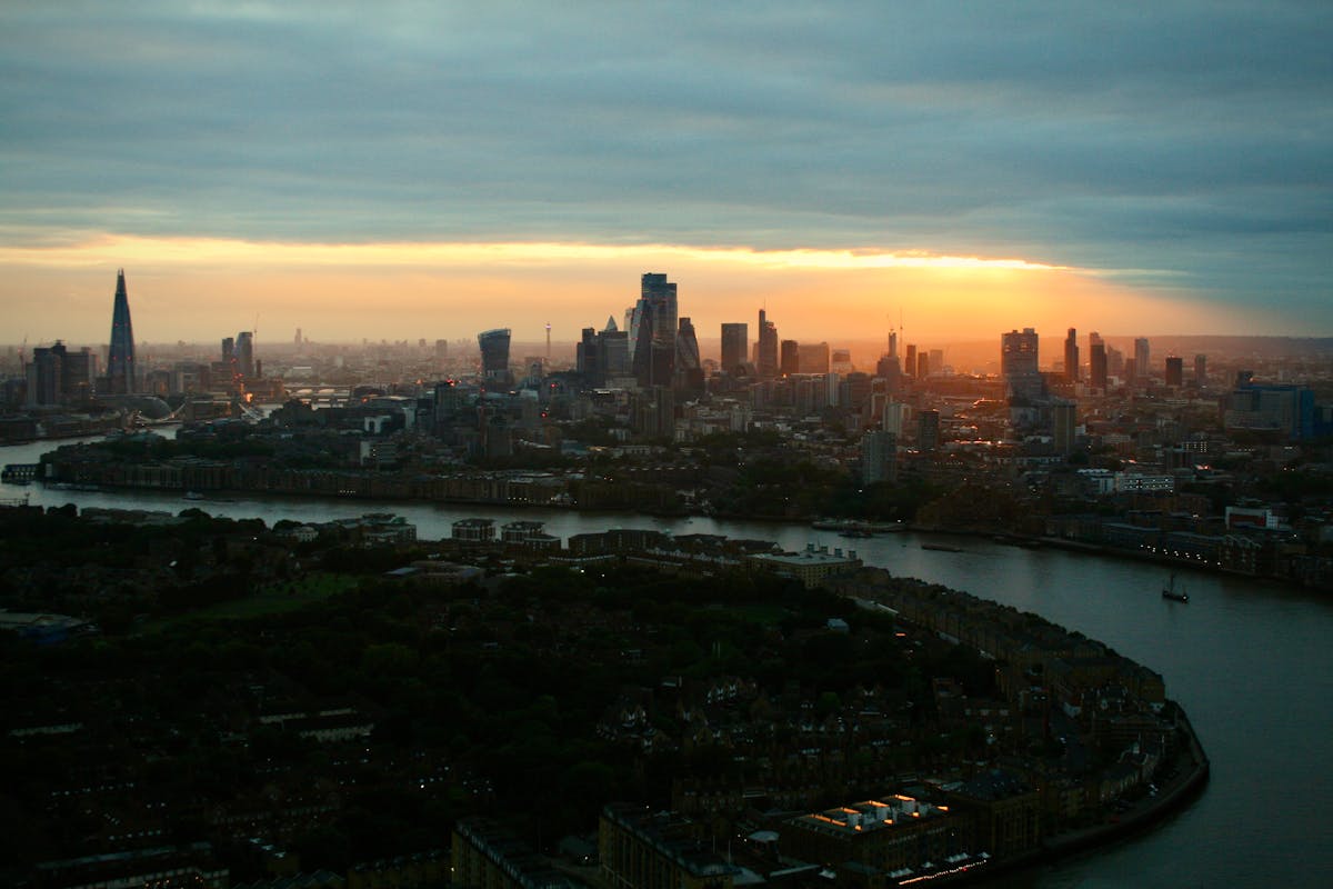 Panoramic aerial view of the London skyline at sunset