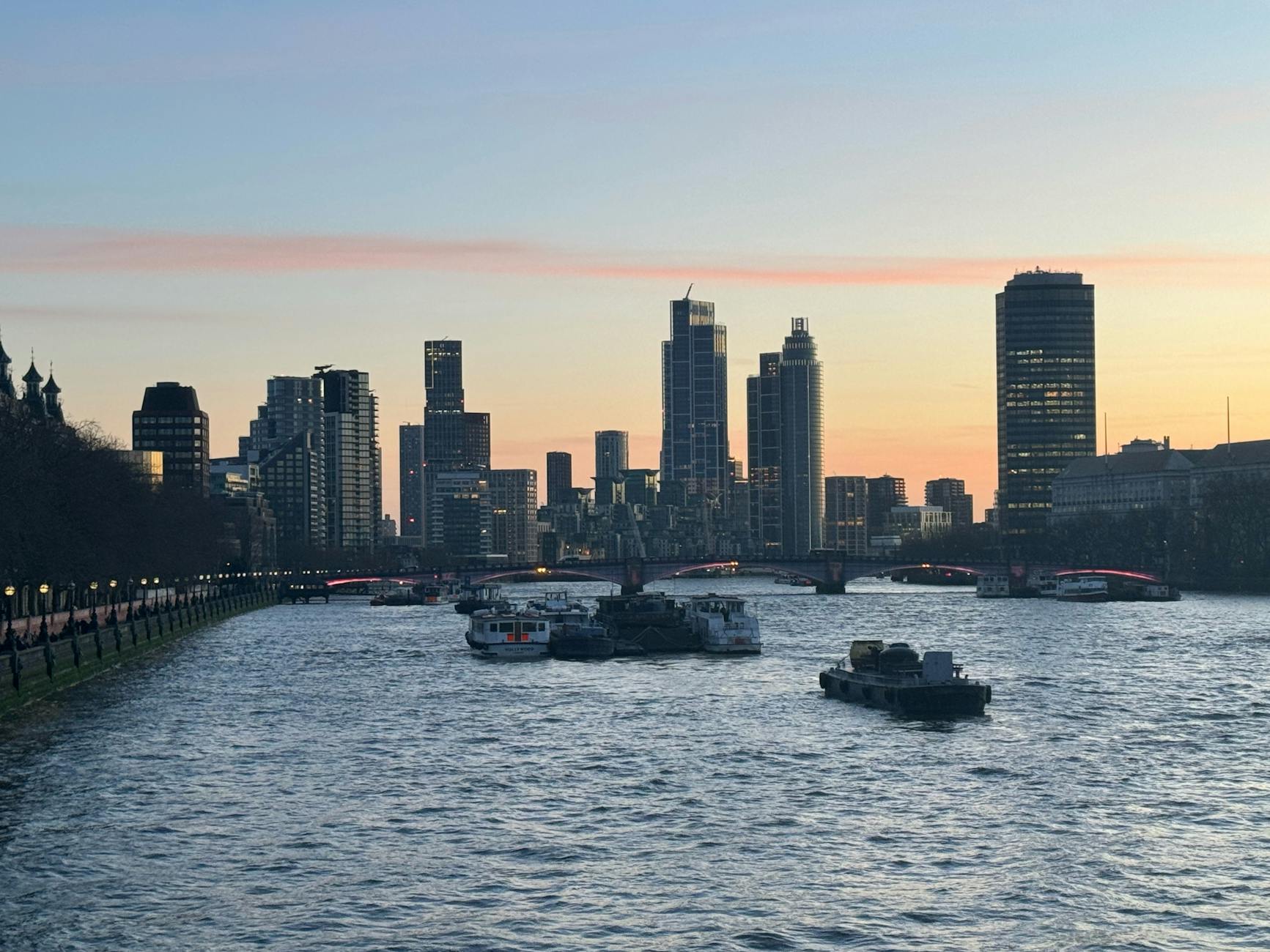 London skyline with the Thames at sunset