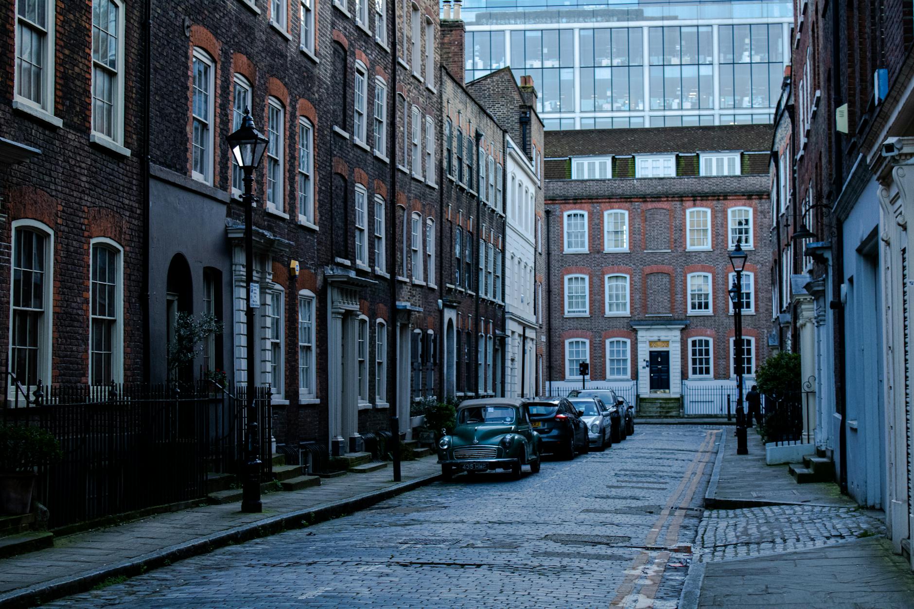 Quaint London street with historic brick buildings