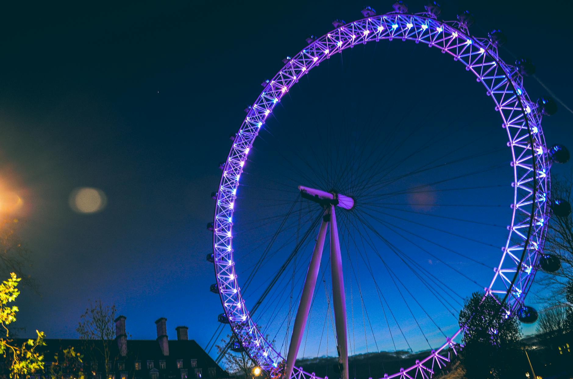 The London Eye lit up at night reflecting in the Thames