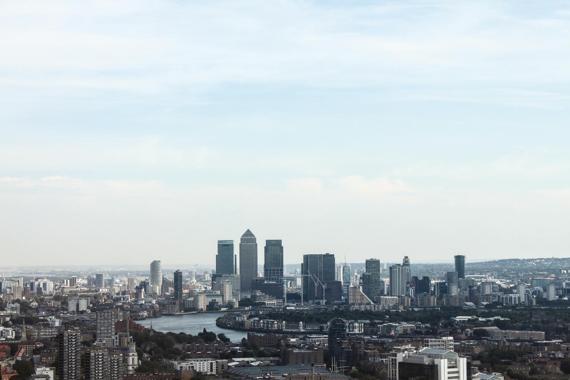 Aerial view of London with modern skyscrapers