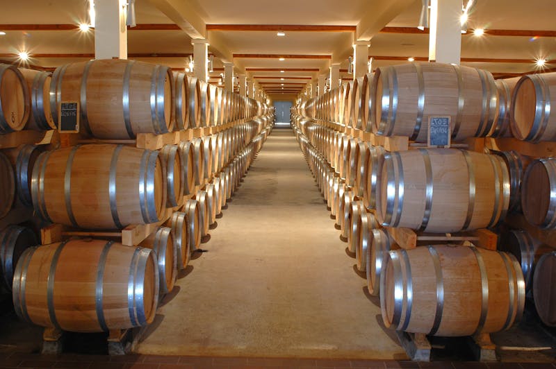 Rows of dark wooden wine barrels stacked in an underground wine cellar