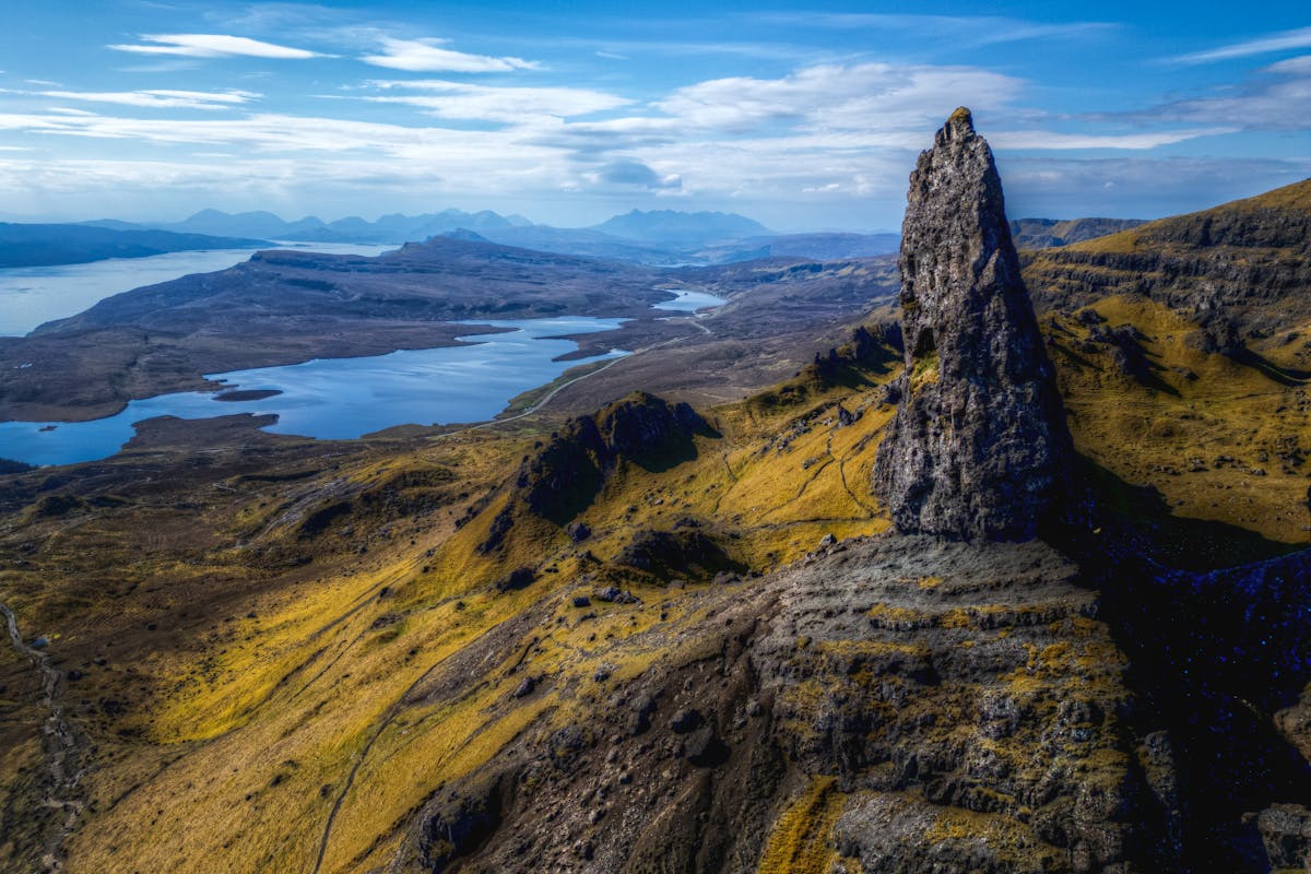 Aerial view of the Old Man of Storr rock formation on the Isle of Skye