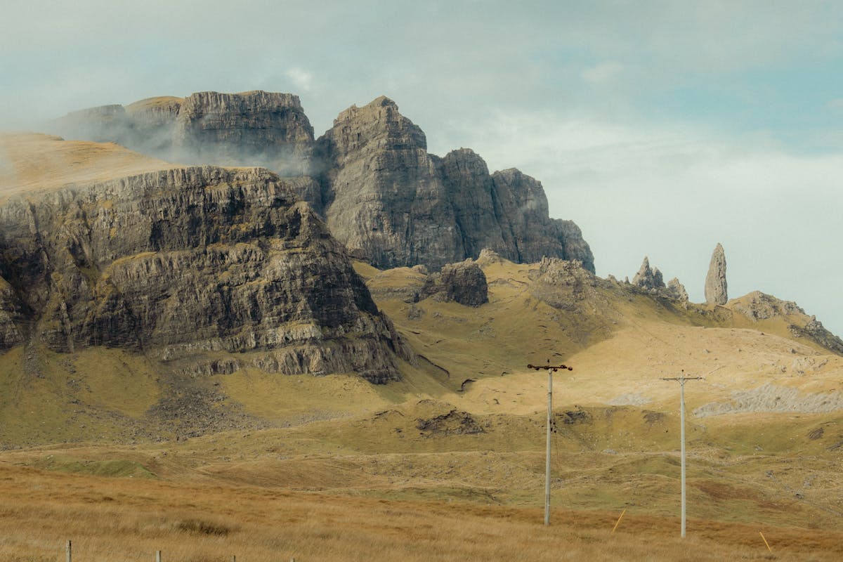 Rocky landscape of the Old Man of Storr in mist on the Isle of Skye
