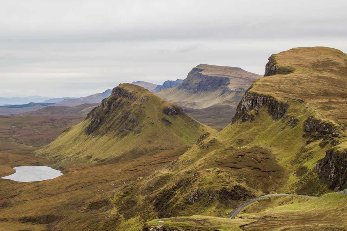 Dramatic landscape of the Quiraing on the Isle of Skye with ocean views