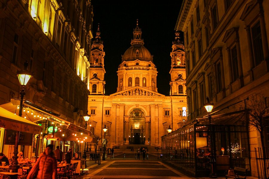 Jewish Quarter street in Budapest at night