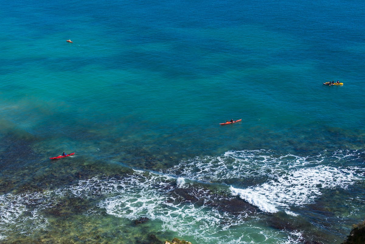 Aerial view of kayakers on clear ocean water