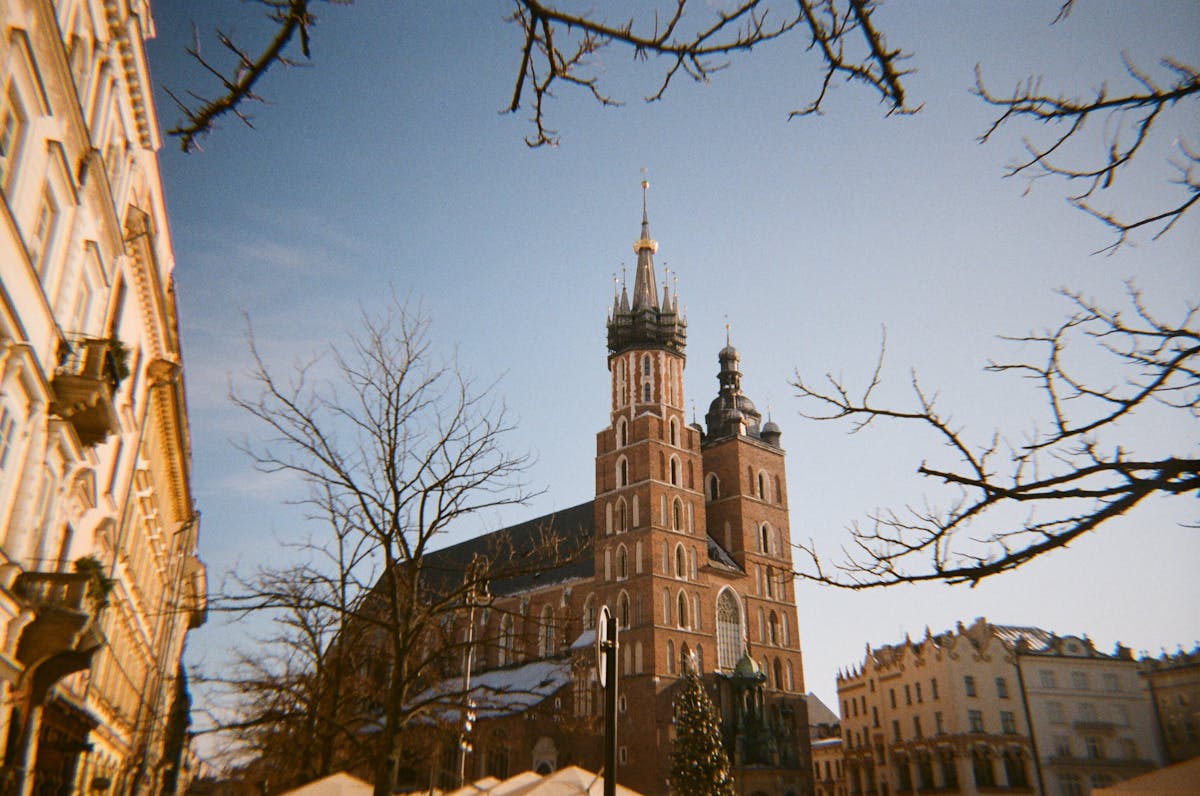 St Marys Basilica in Krakow Poland under winter sky