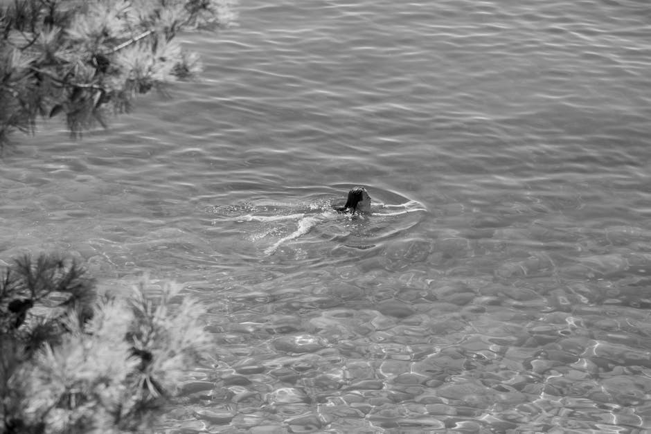 Black and white photo of a woman swimming in clear waters