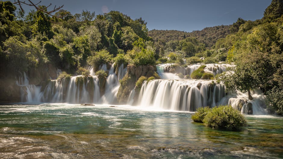 Cascading waterfalls in Krka National Park flowing over terraces