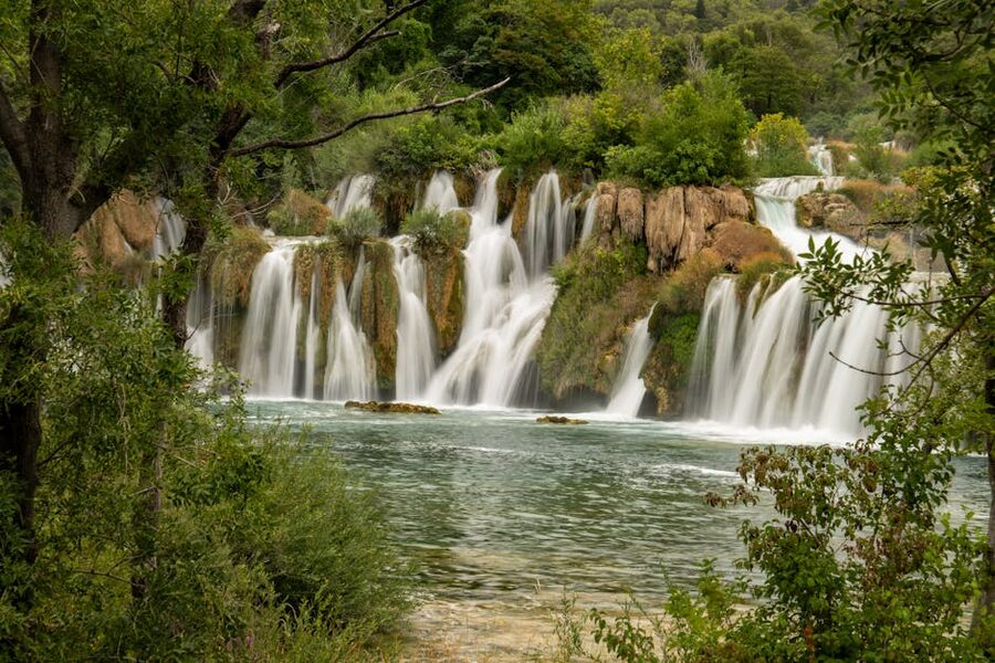 Cascading waterfalls in lush Krka park