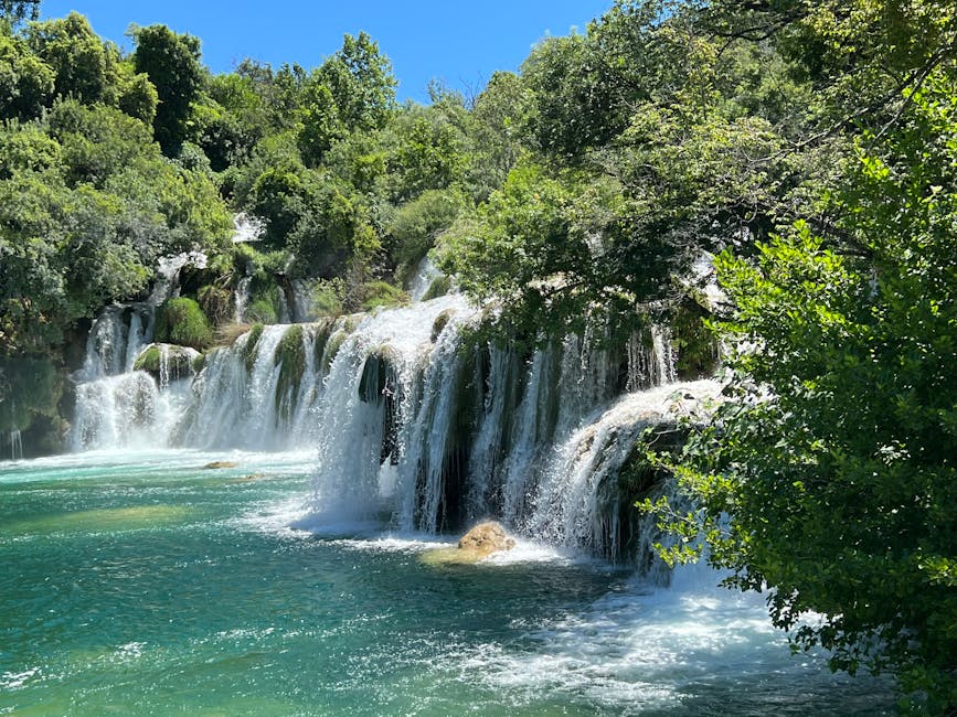 Cascading waterfall surrounded by lush green forest