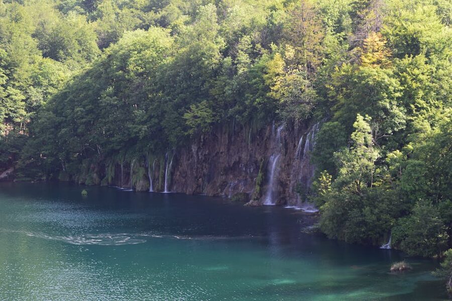 Serene view of cascading waterfalls and green park