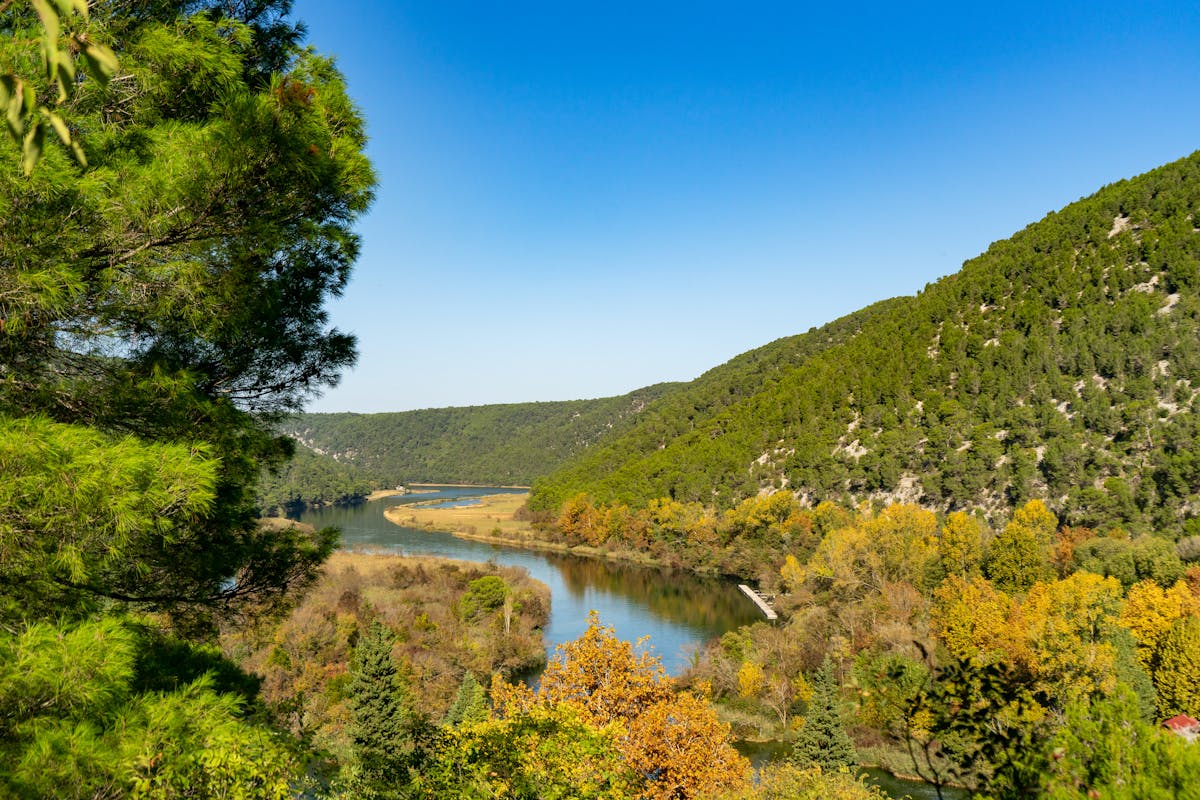 Autumn landscape of Krka River flowing through Croatia