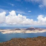 Aerial view of La Graciosa Island coastline with volcanic landscape and turquoise waters