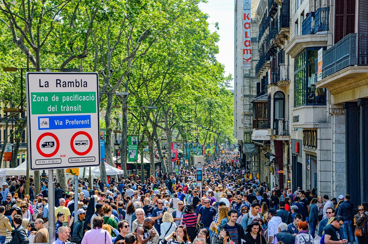 Crowds walking along La Rambla shopping street in Barcelona