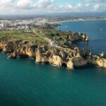 Aerial view of the dramatic Algarve coastline near Lagos Portugal