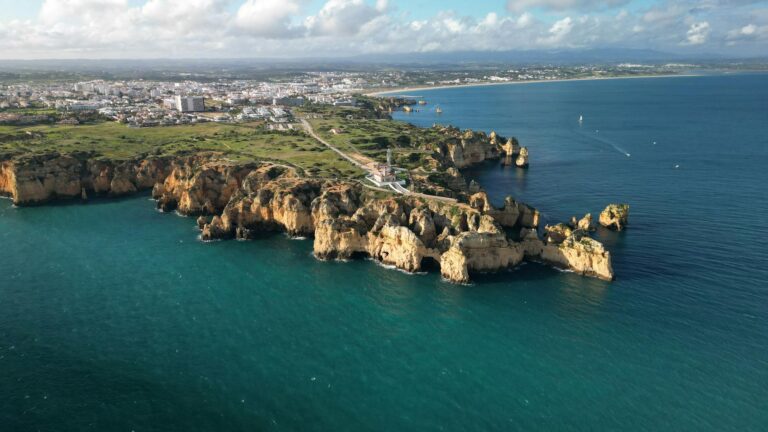 Aerial view of the dramatic Algarve coastline near Lagos Portugal