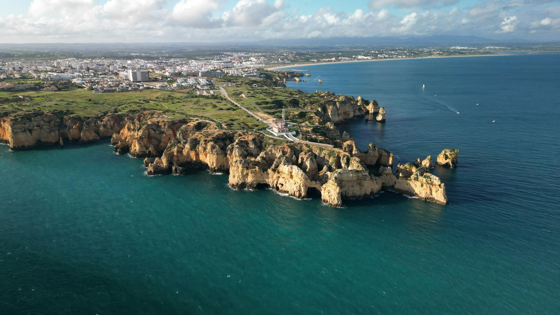 Aerial view of the dramatic Algarve coastline near Lagos Portugal