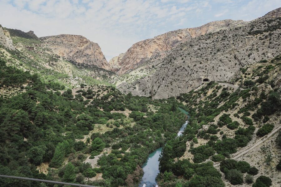 Landscape of El Chorro gorge with river and mountains in Spain