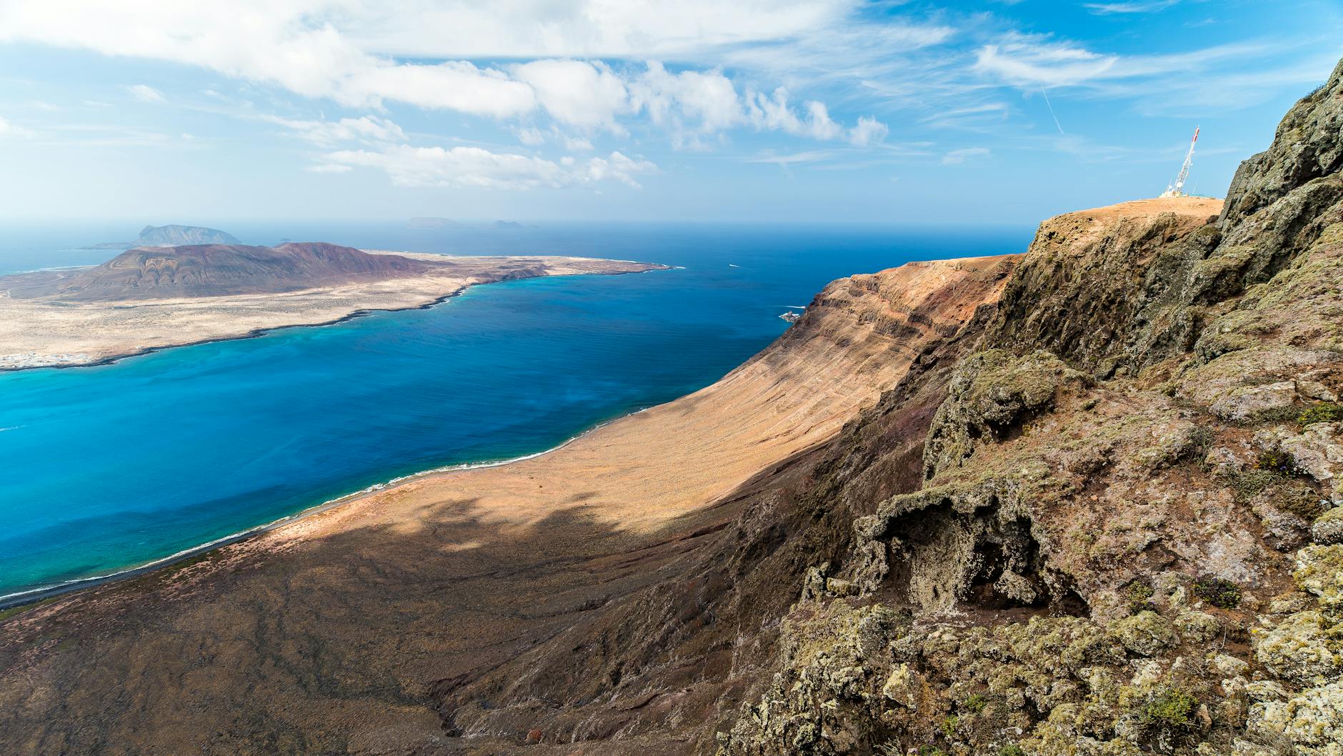 Aerial view of Lanzarote coastline with clear blue waters