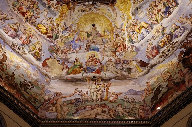 Central detail of the Last Judgment fresco by Vasari and Zuccari inside the dome of Florence Cathedral