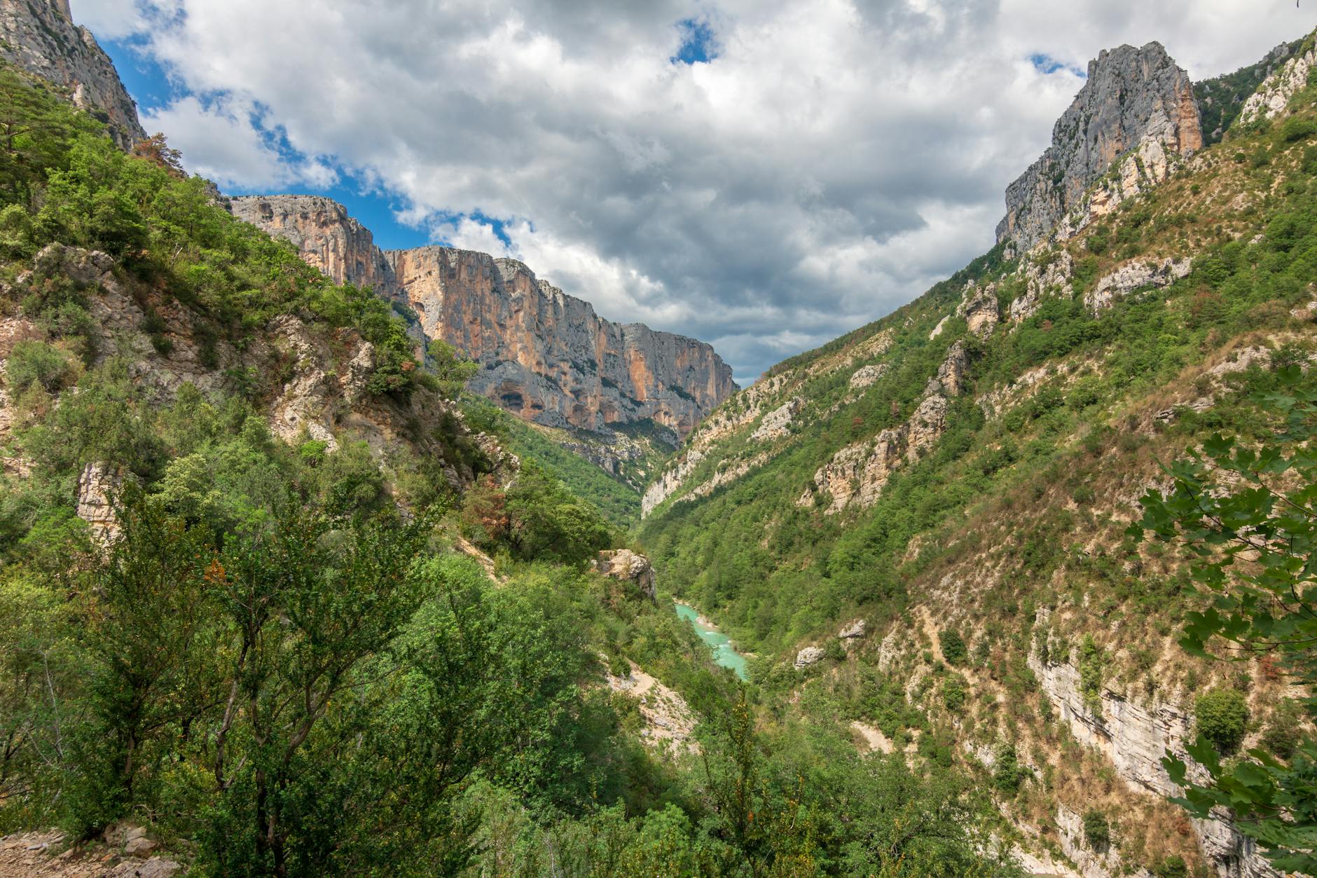 Dramatic limestone gorge with greenery and river below