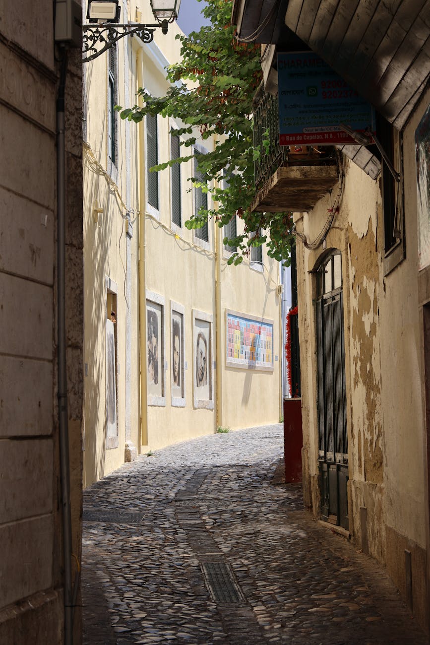 Cobblestone alley in Lisbon with colorful historic buildings and decorative tiles