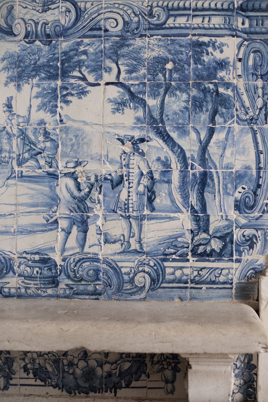 Close-up of traditional Portuguese azulejo tiles with blue and white patterns